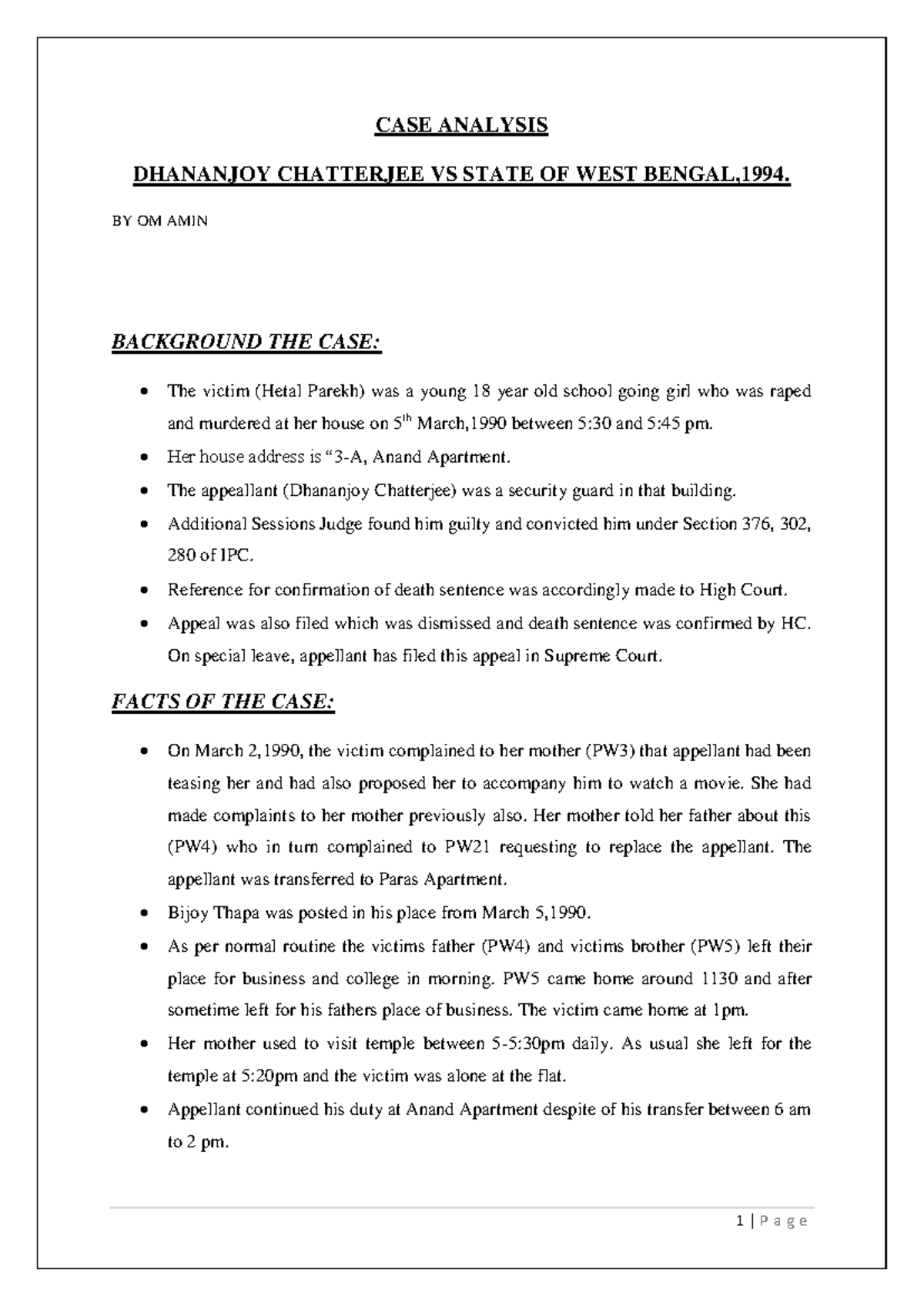 Dhananjoy Chatterjee - Case Study Analysis (Criminal Law Case Study ...