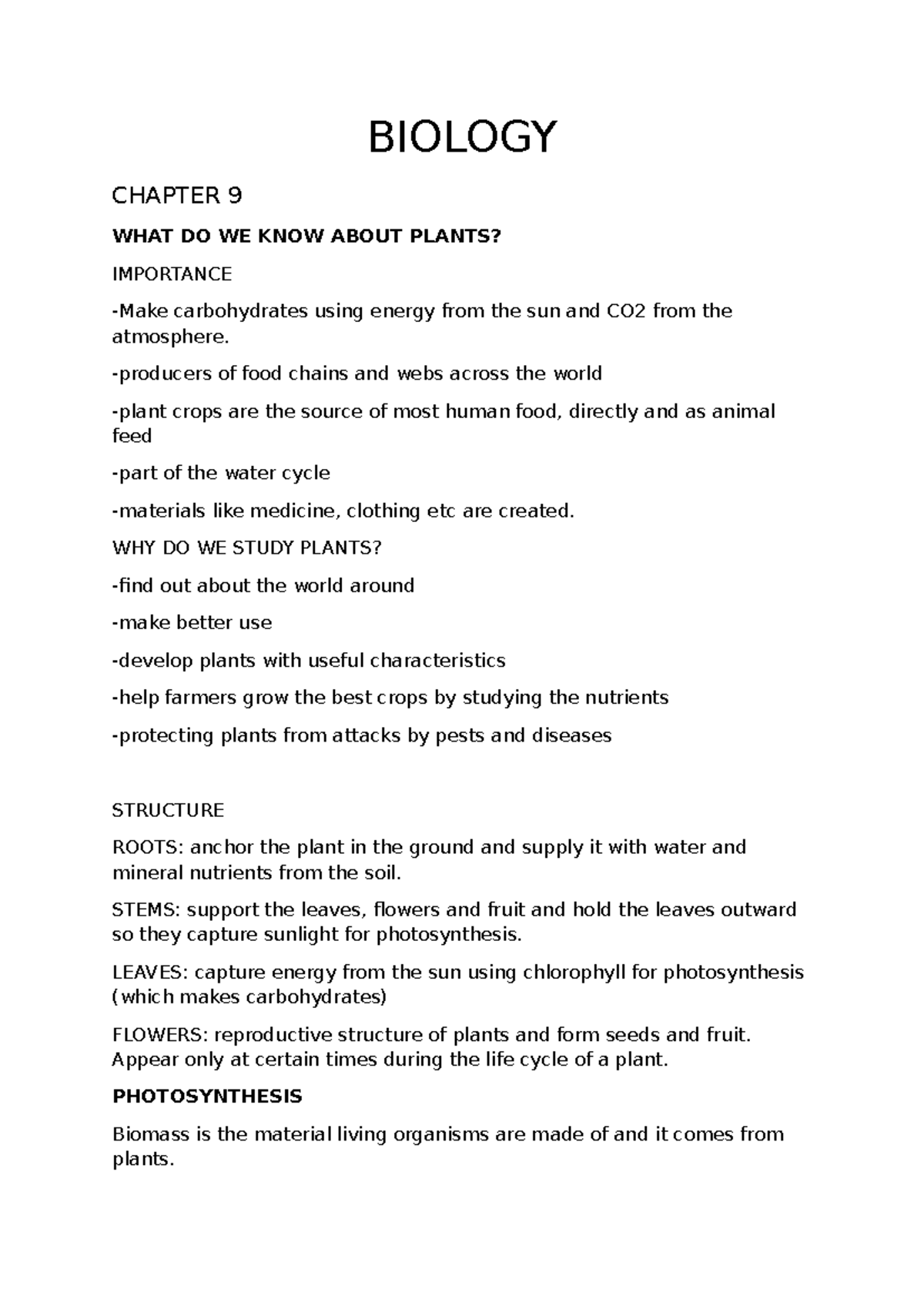 Biology Chapter 9 Checkpoint Notes: Plant Importance & Structure - Studocu