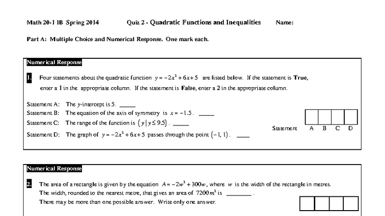 Quiz 2: Quadratic Functions & Inequalities - Math IB Spring 2014 - Studocu