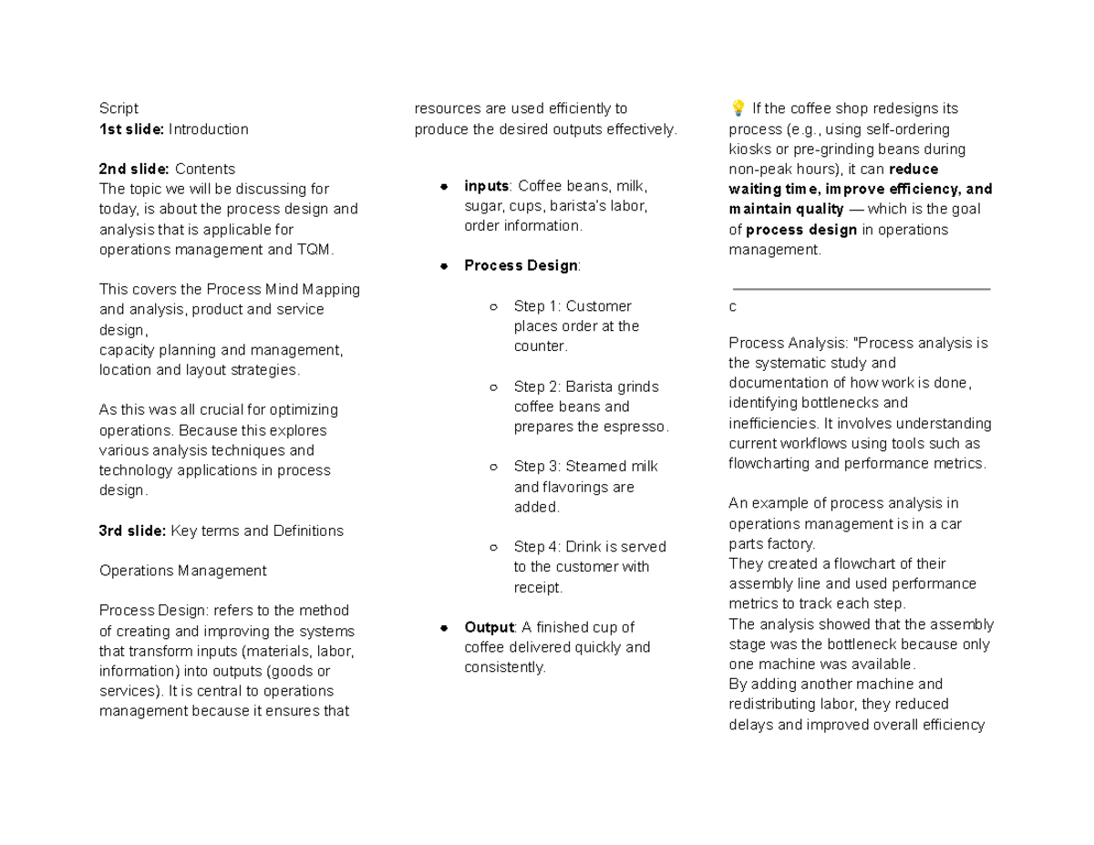 Operations Management Process Design & TQM Overview Script - Studocu