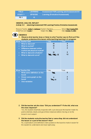 FS1 Episode 12 - ACTIVITY 12. OBSERVING ASSESSMENT FOR LEARNING ...