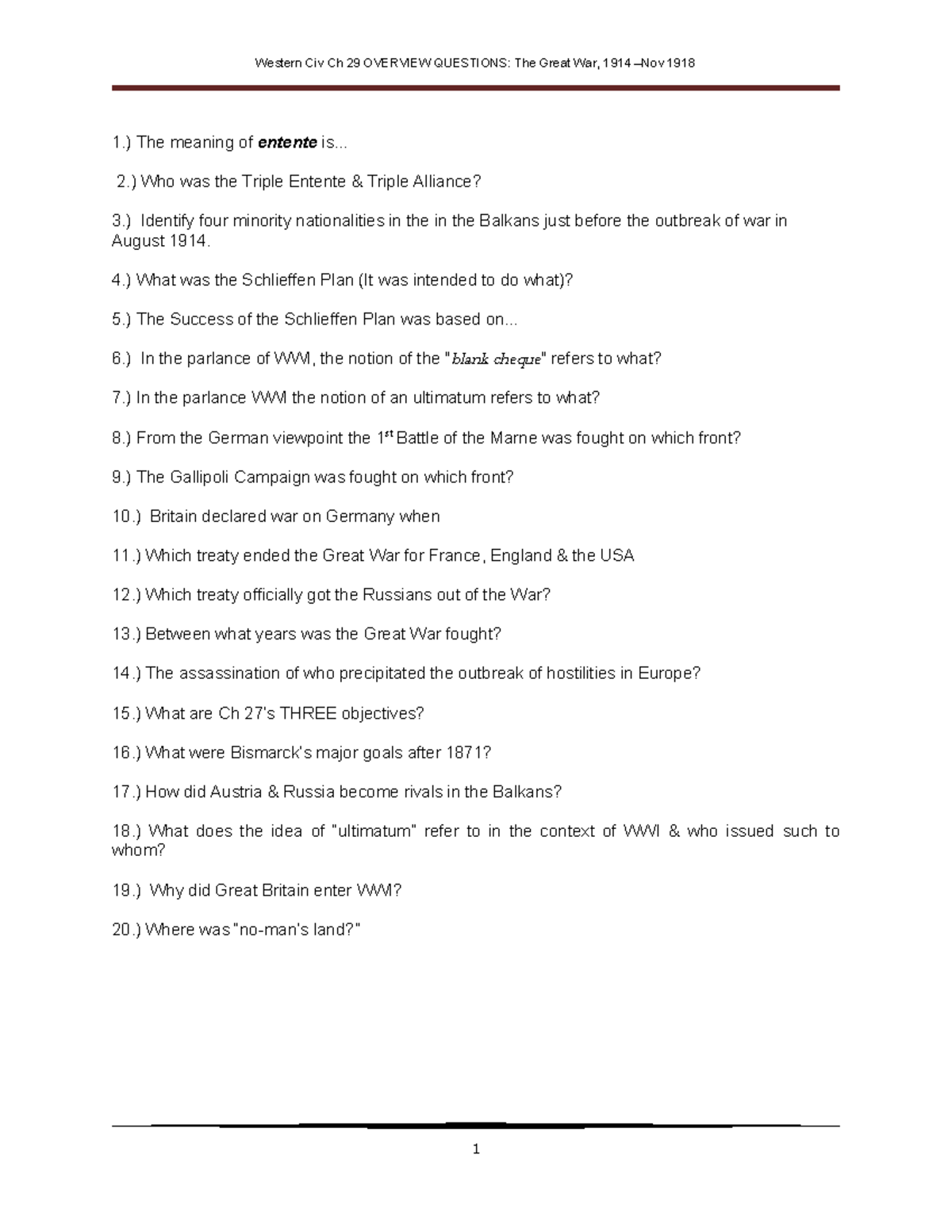 Western Civ Ch 29 overview questions: The Great War, 1914-1918 - Studocu