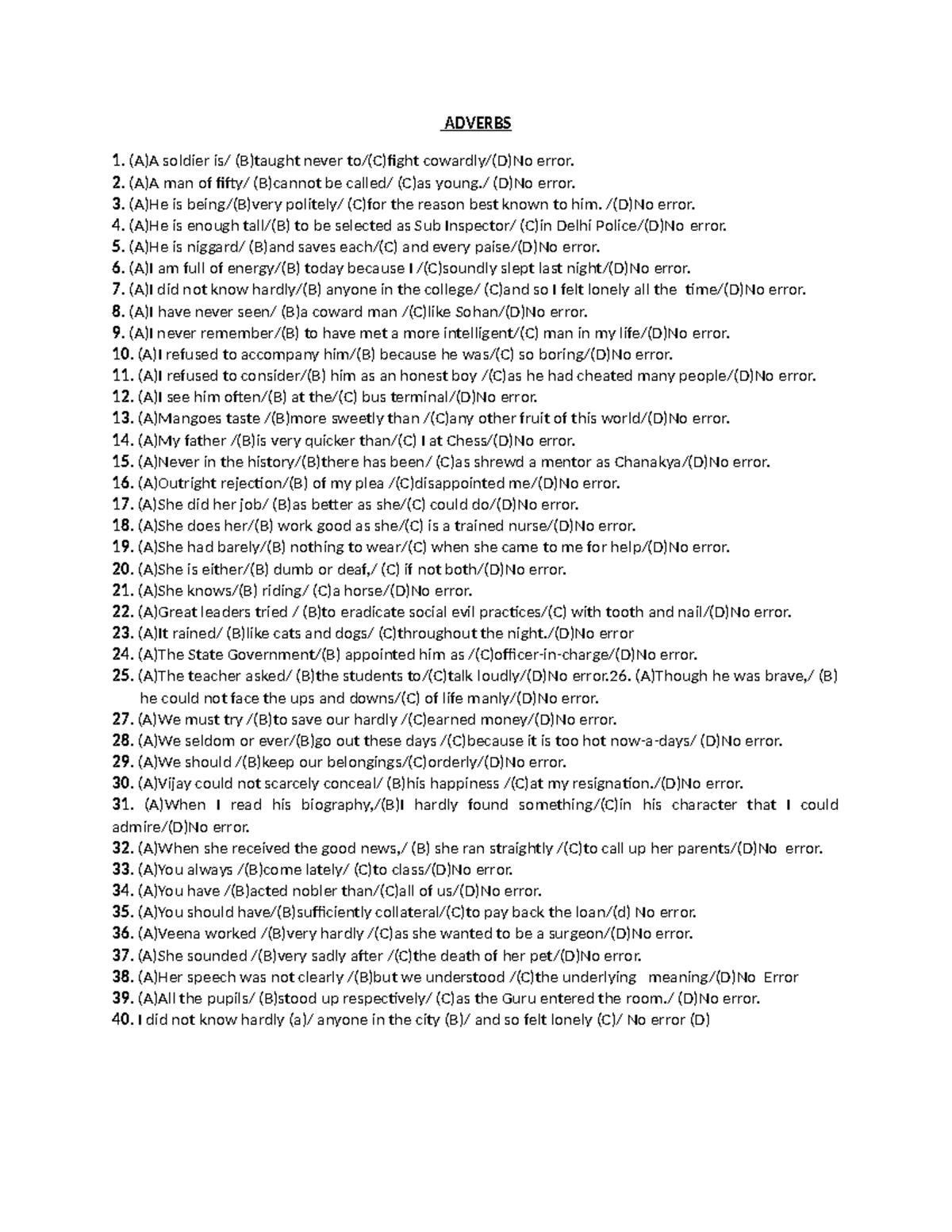 Adverb Exercise - Placement Related (ADVERBS 1) - Studocu