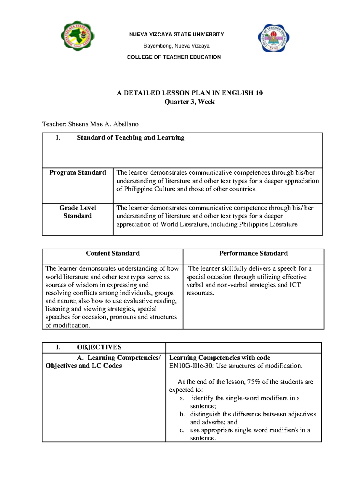 Detailed Lesson Plan: Single-Word Modifiers in English 10 - Studocu
