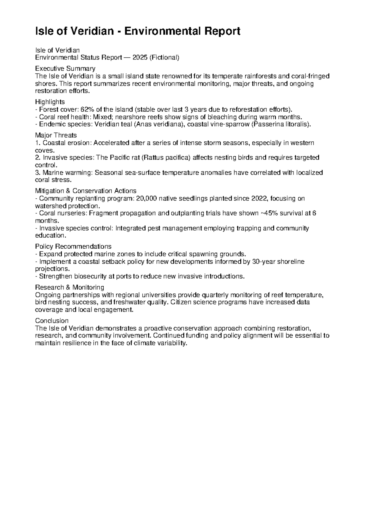 Isle of Veridian Environmental Report 2025: Status & Recommendations ...