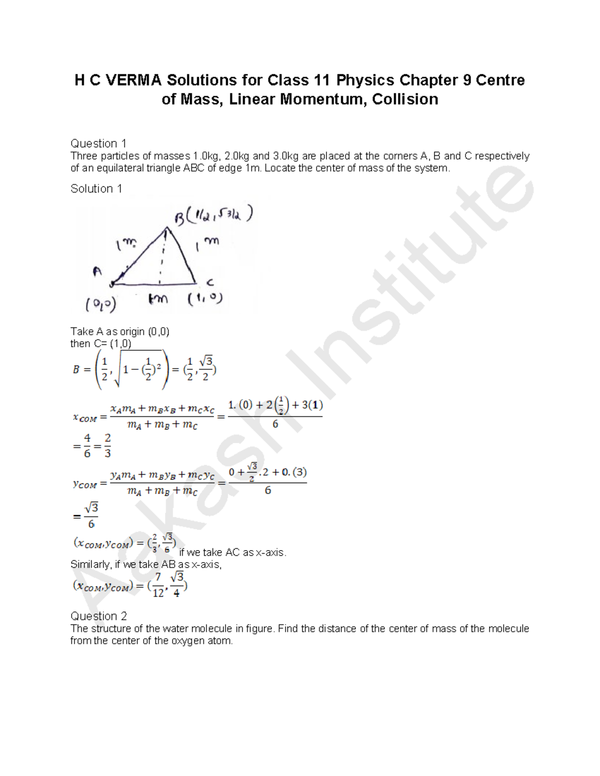 H C Verma Class 11 Physics Exam Solutions: Chapter 9 - Centre of Mass - Studocu