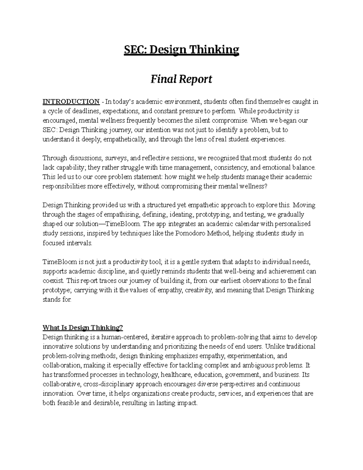 SEC: Design Thinking Final Report on Student Wellness Solutions - Studocu