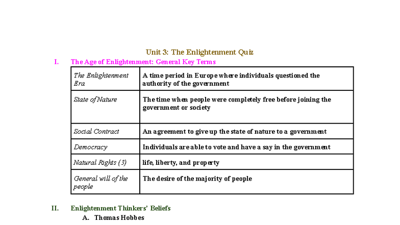 Unit 3: The Enlightenment Quiz - Key Concepts and Ideas - Studocu