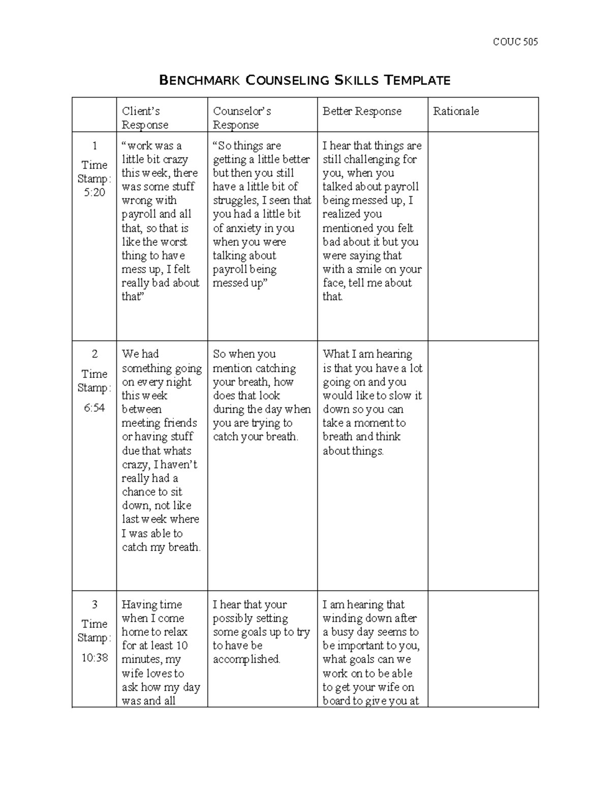 COUC 505 Benchmark Counseling Skills Reflection and Insights - Studocu