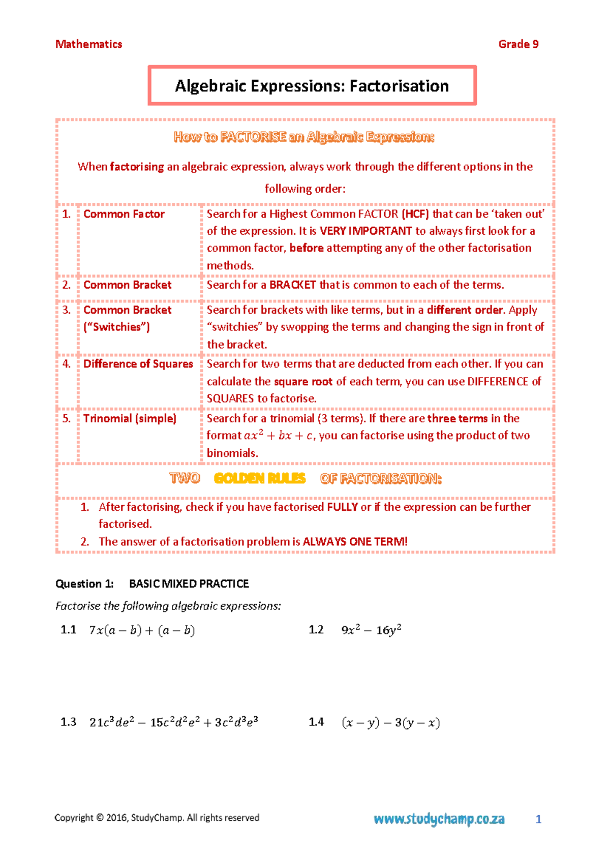 Mathematics Grade 9: Factorisation Worksheet and Solutions - Studocu