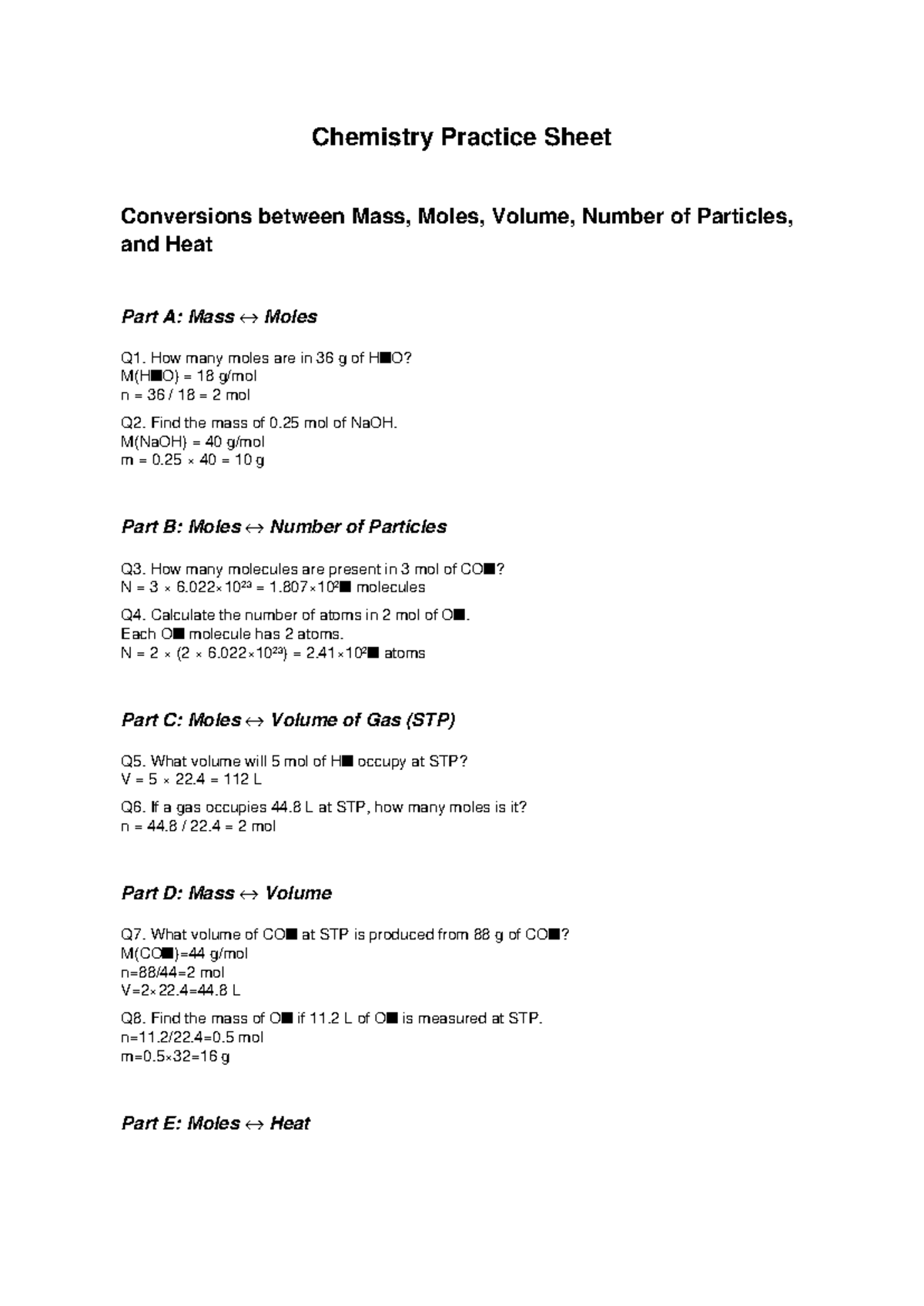 Chemistry Practice Sheet: Conversions of Mass, Moles, and Volume - Studocu