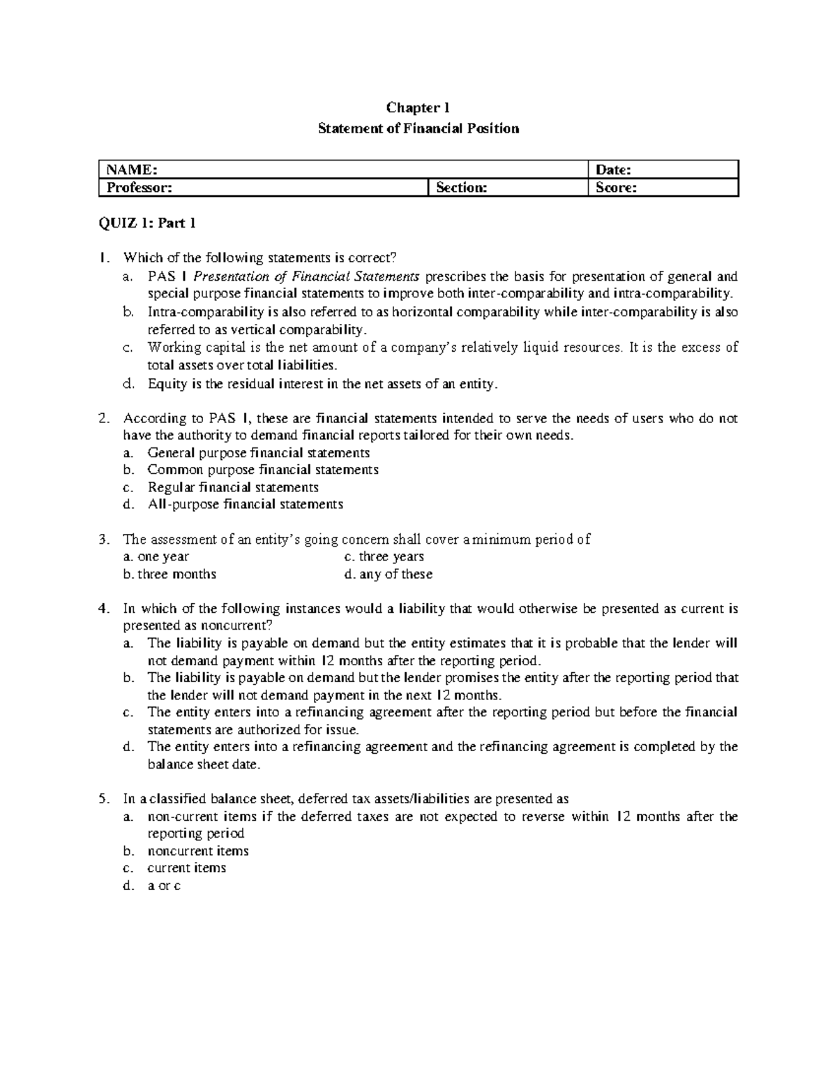 Quiz 1 - quiz - Chapter 1 Statement of Financial Position NAME: Date ...