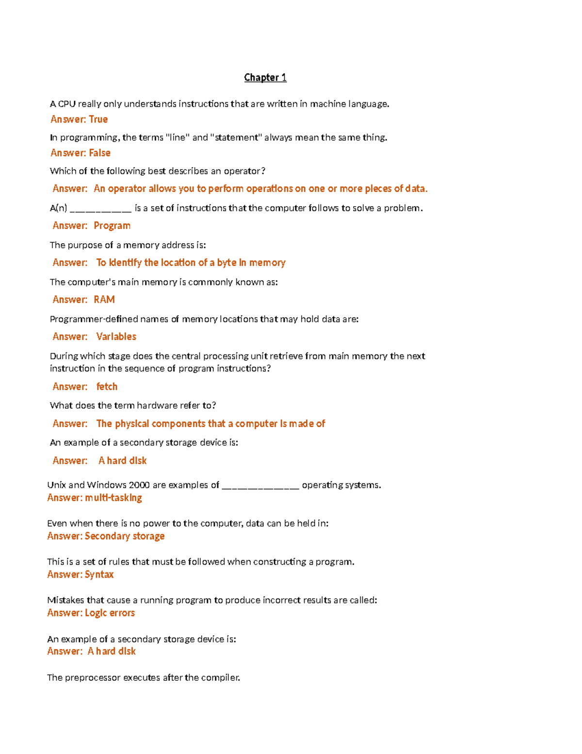 CP Python Midterm Study Guide Lists of questions and answers - Chapter ...