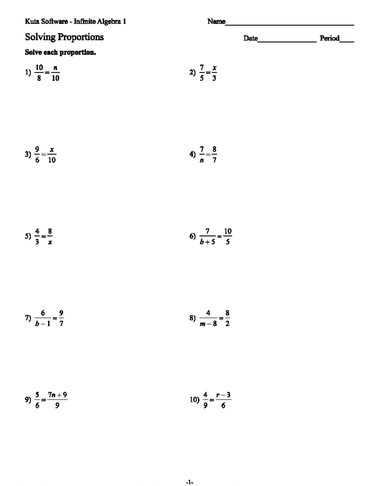 Kuta Software Infinite Algebra 1 Proportions Worksheet 20 Questions ...