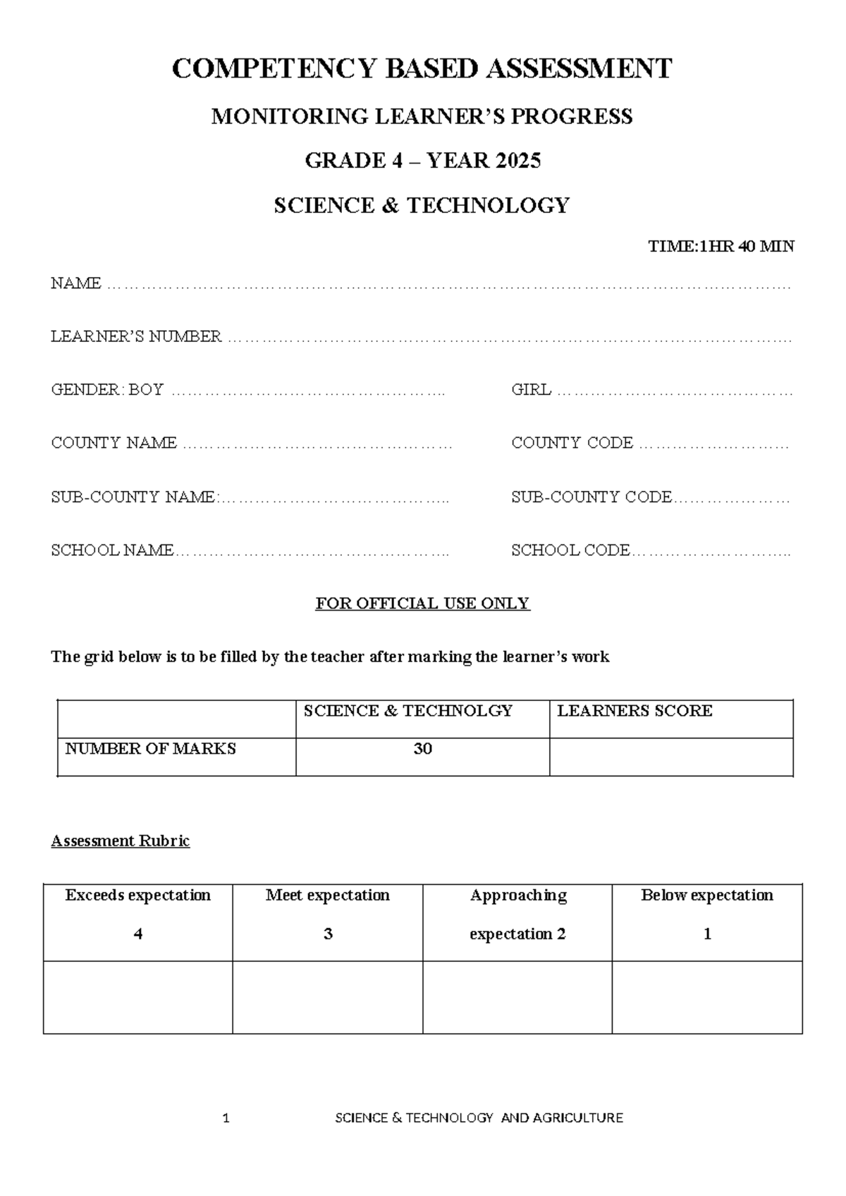 COMPETENCY BASED ASSESSMENT G4 SCIENCE & TECHNOLOGY 2025 - Studocu