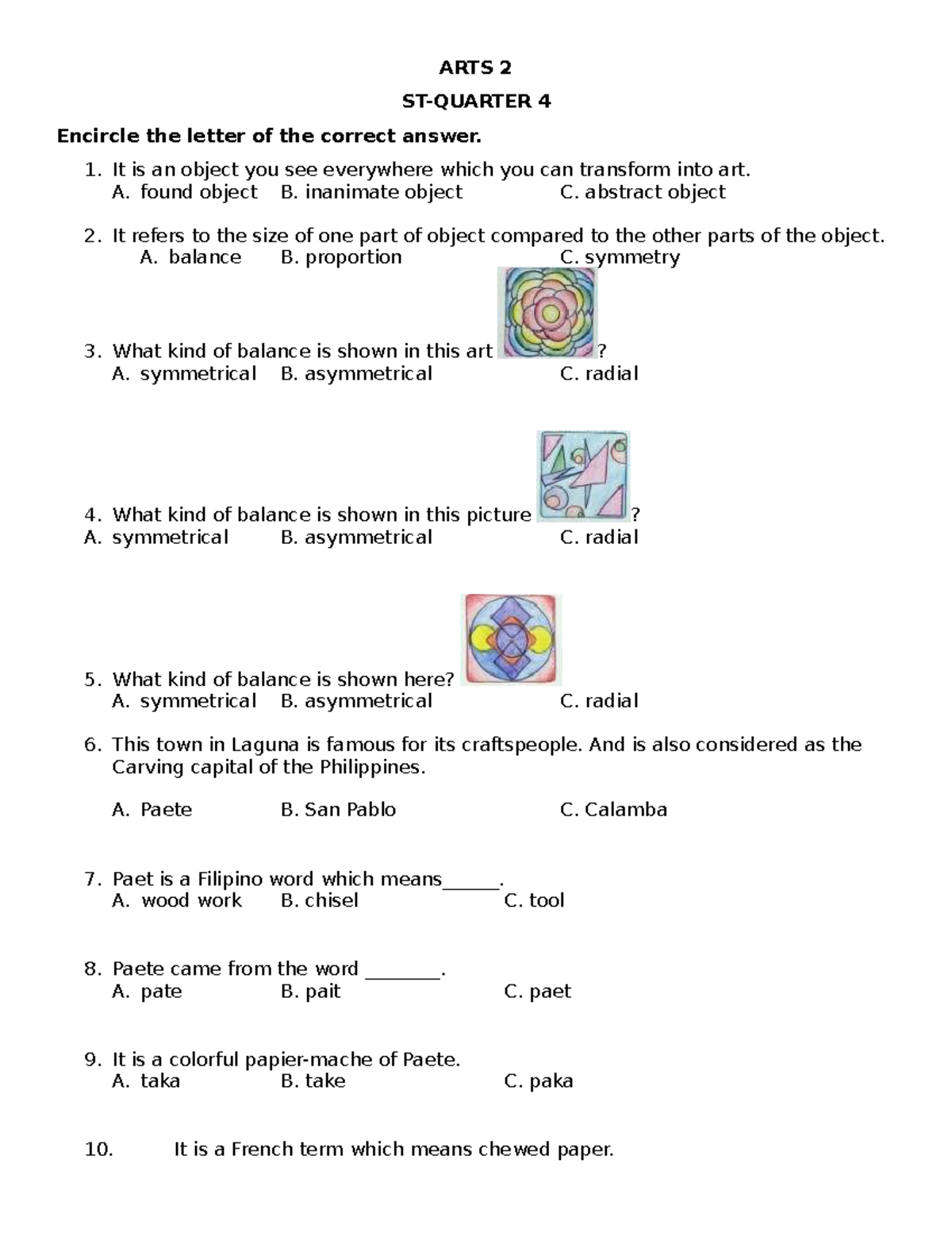 ARTS 2 ST Q4 - Quiz on Art Concepts and Terminology - Studocu