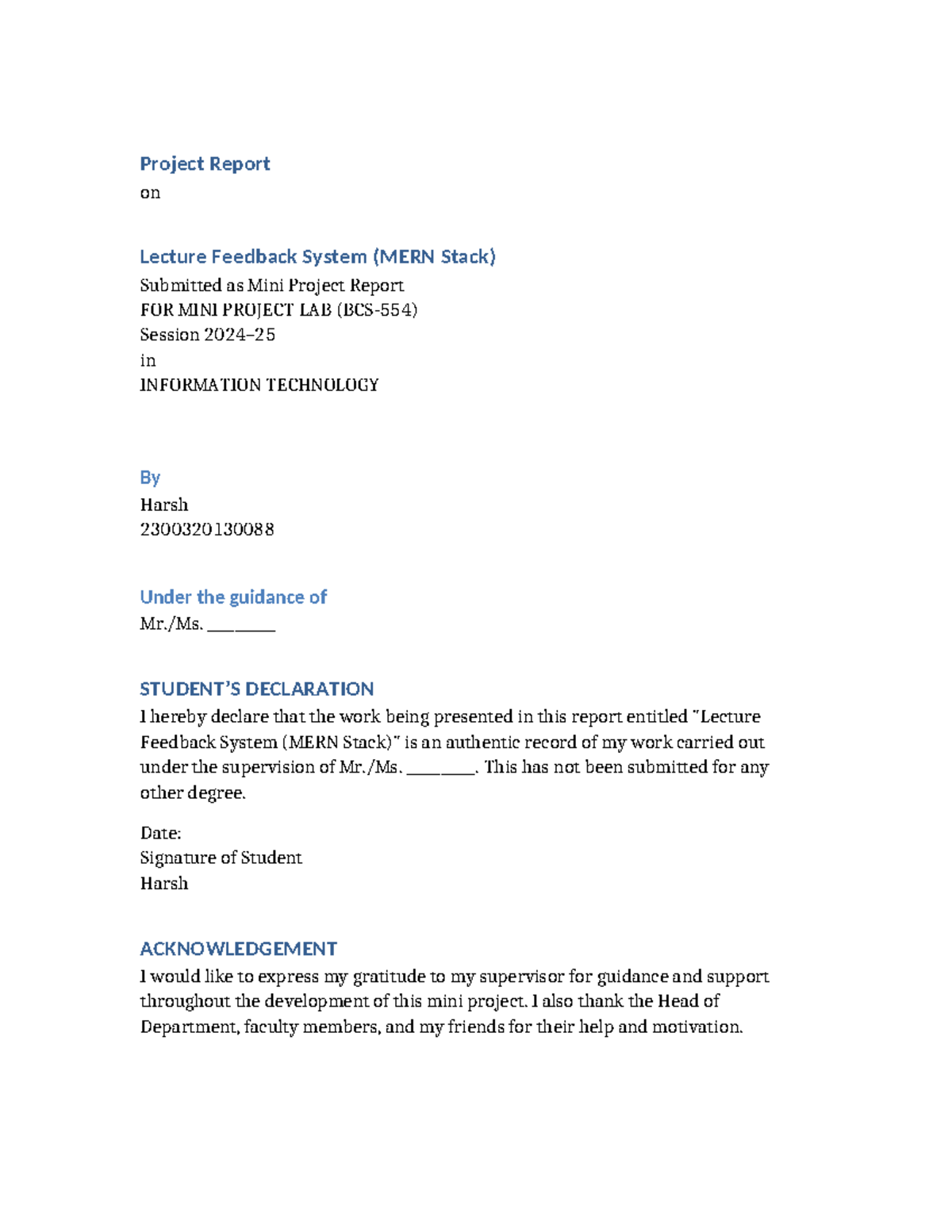 Extended Lecture Feedback System Report (MERN Stack) for Mini Project ...