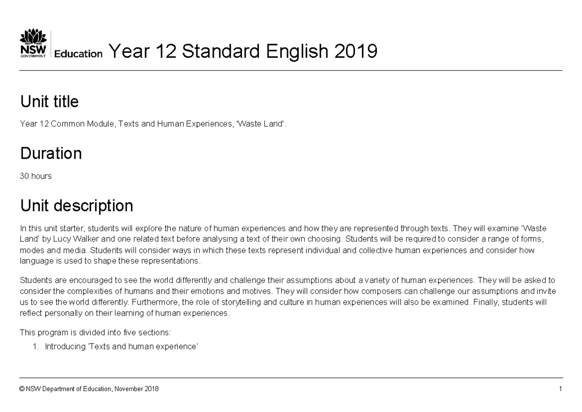 Year 12 Standard English 2019: Exploring Texts & Human Experiences ...