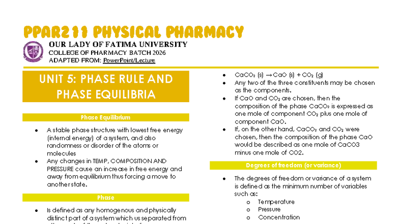 PPar211 Study Notes: Phase Rule & Equilibria in Physical Pharmacy - Studocu