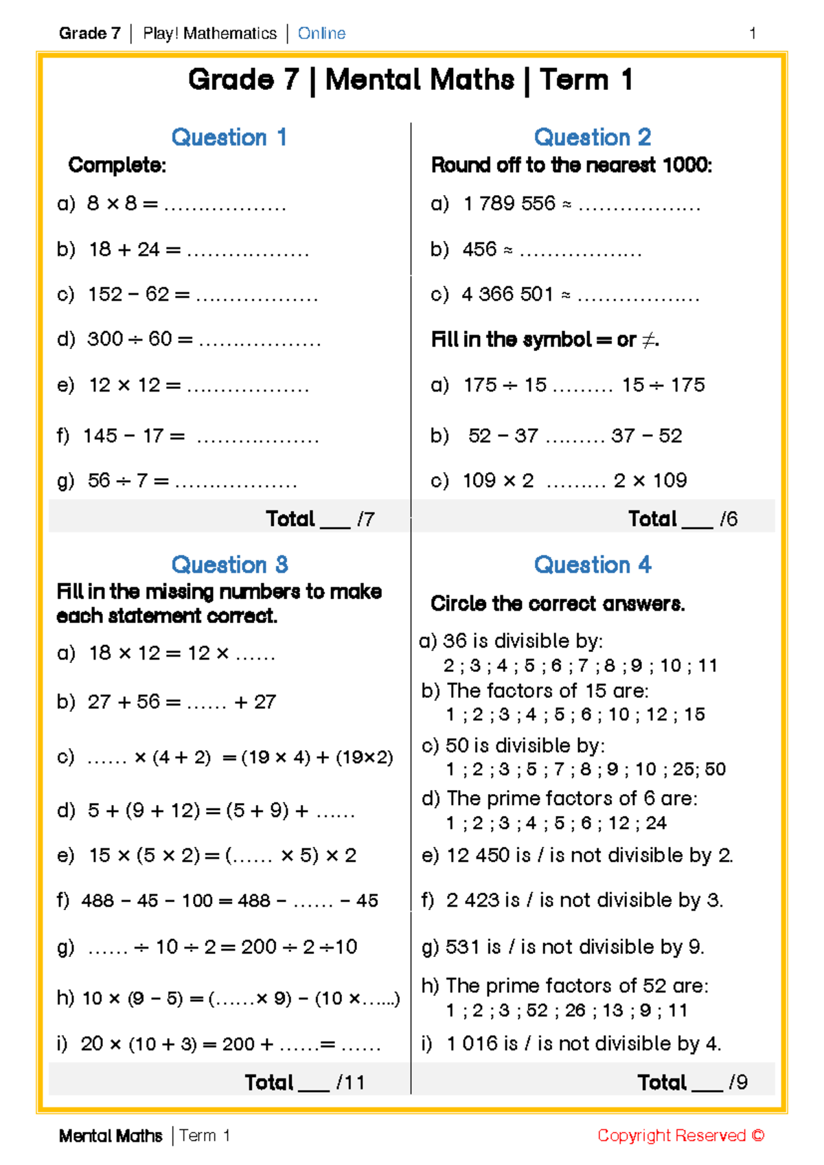 Grade 7 Mental Math Practice Questions | Term 1 - Studocu