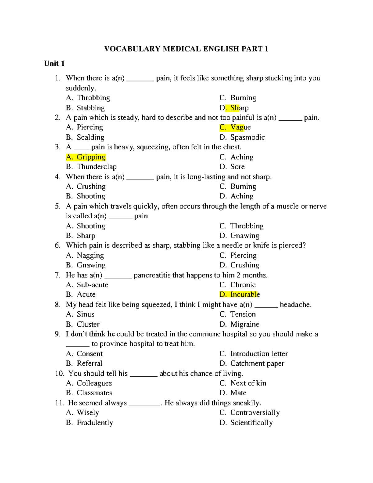 Vocabulary Medical English (MED101) - Unit 1 to Unit 7 Review - Studocu
