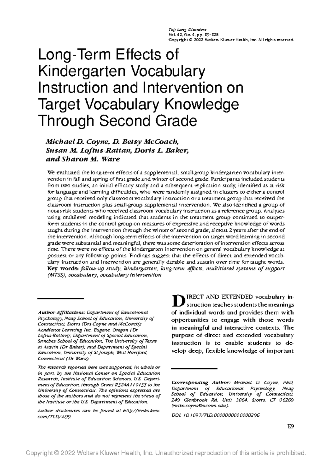 Effects of Kindergarten Vocabulary Instruction on Target Knowledge ...