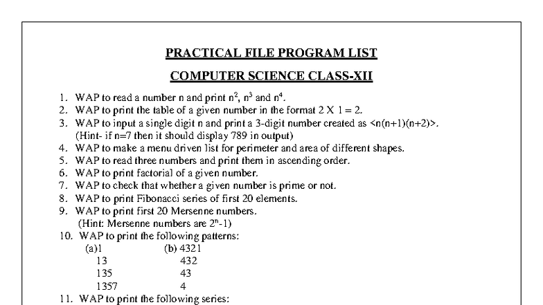 Program List for Class-XII CS: Practical File Tasks - Studocu