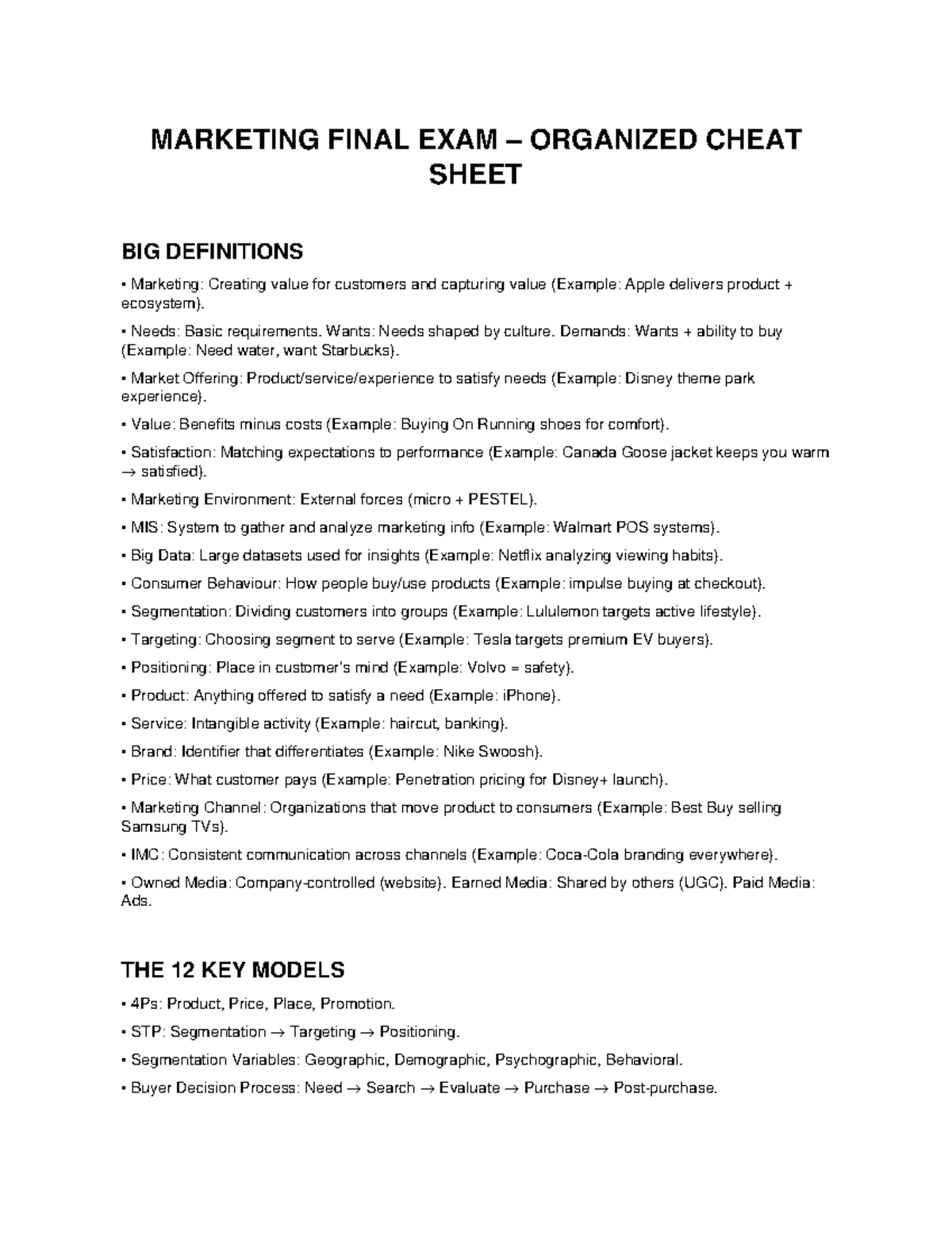MARKETING 101 FINAL EXAM CHEAT SHEET: KEY CONCEPTS & DEFINITIONS - Studocu