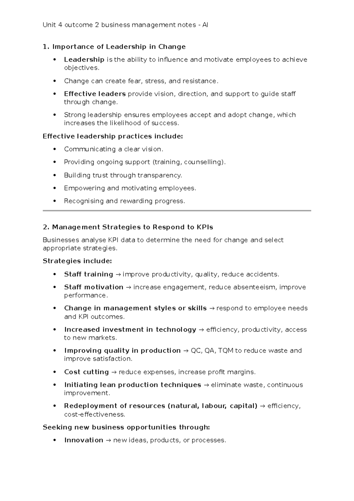 Unit 4 Outcome 2: Business Management Notes on Leadership & Change ...