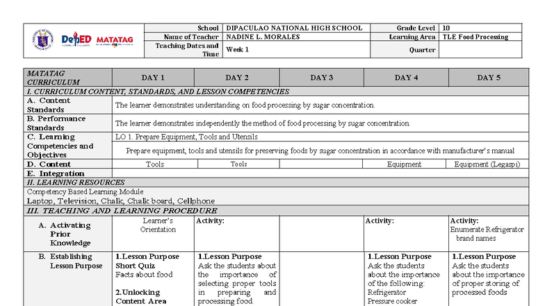 DLL - Daily Lesson Log for TLE Food Processing (Grade 10) - Studocu