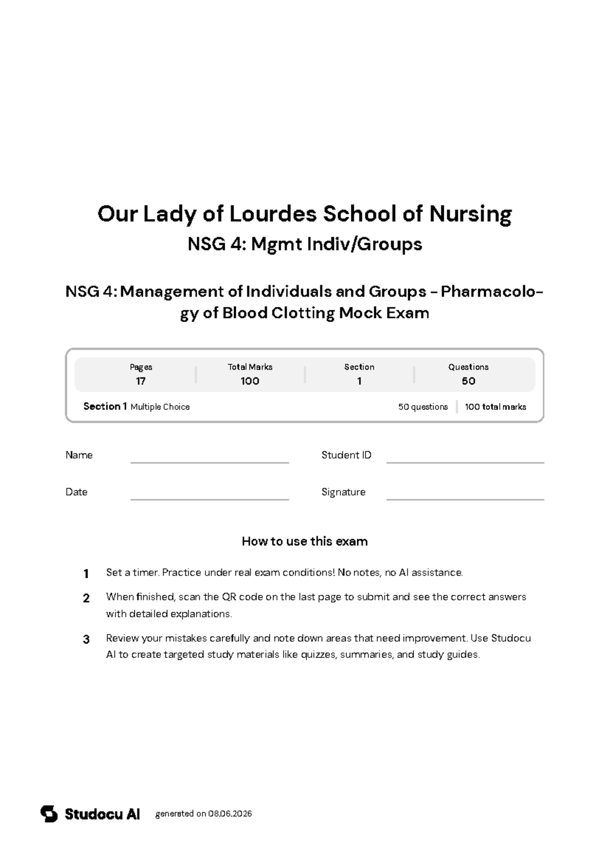 NSG 4: Blood Clotting Pharmacology Mock Exam - Studocu