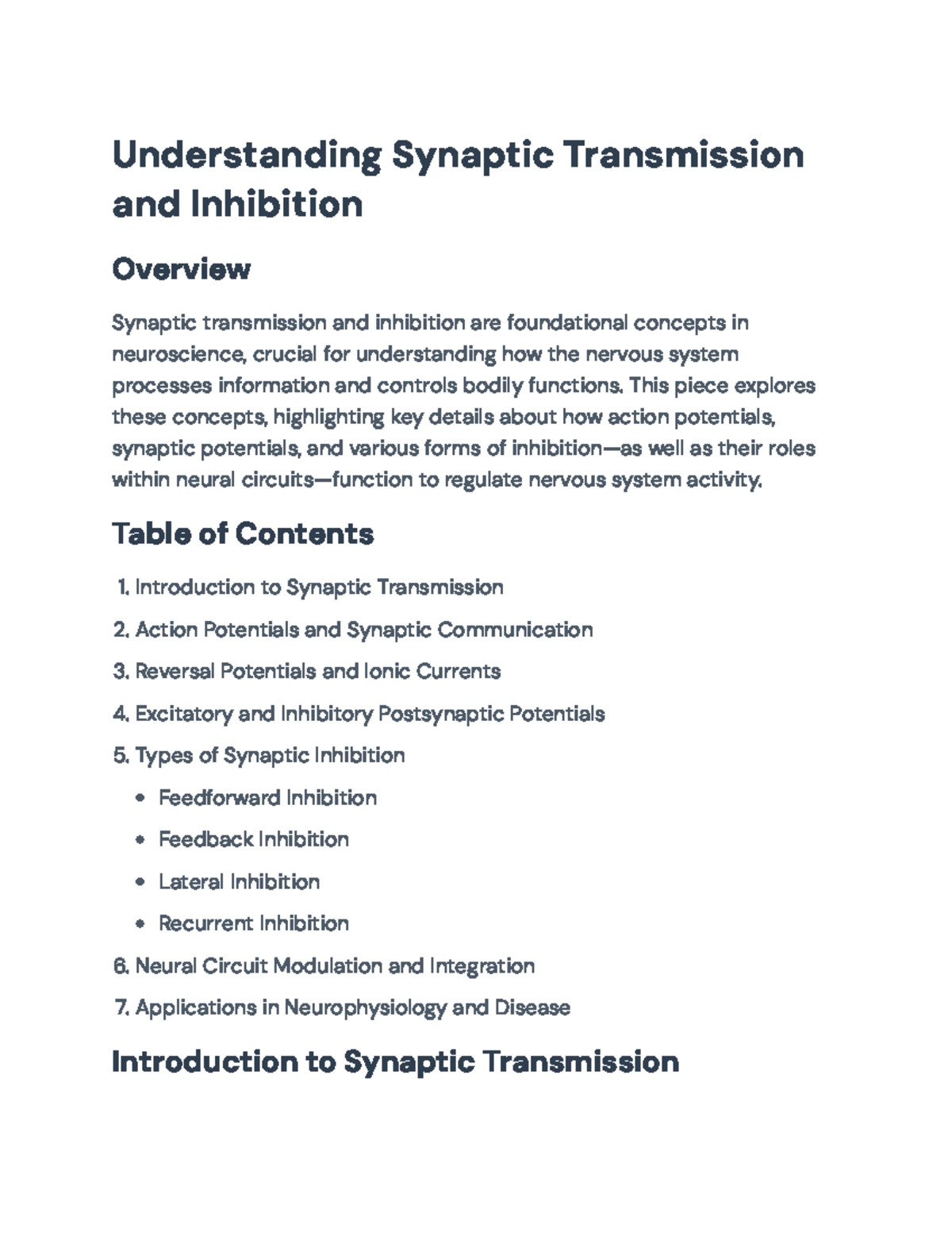 Understanding Synaptic Transmission and Inhibition in Neuroscience ...