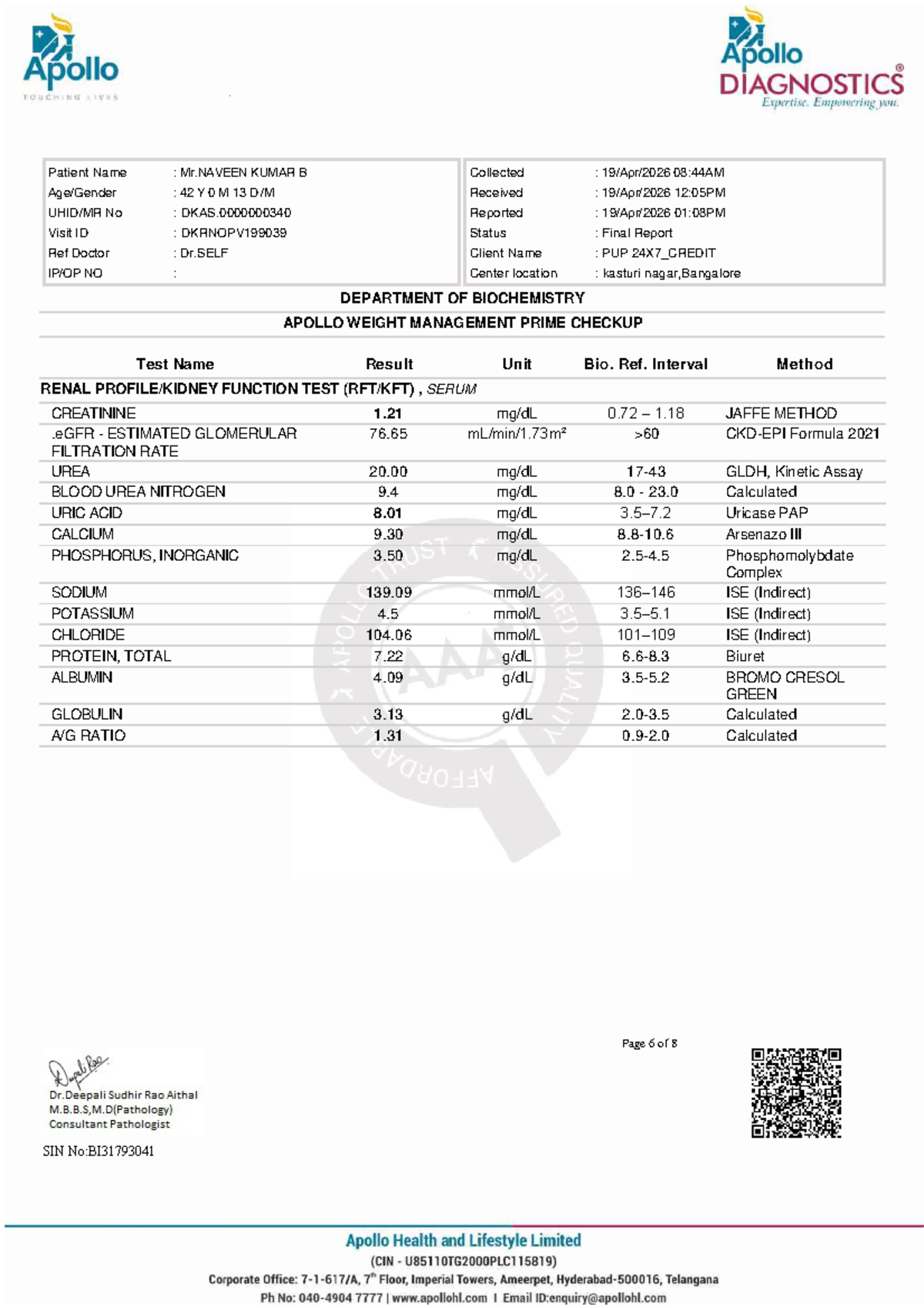 Lab Test Report: Renal Function & Biochemistry Analysis (19Apr2026 ...