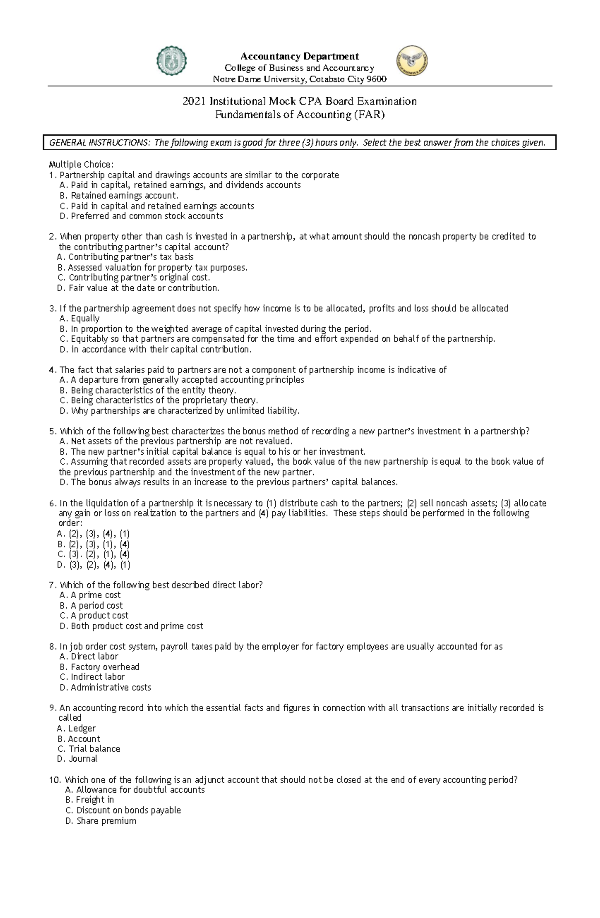 Fundamentals of Accounting 2021 Special Term Mock Board Exam - Studocu