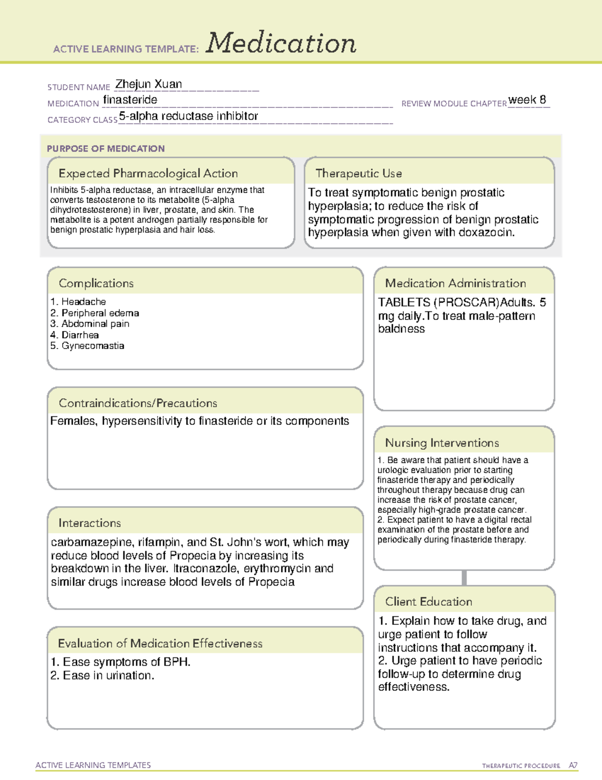 Finasteride Medication Card - Active Learning Template - Studocu
