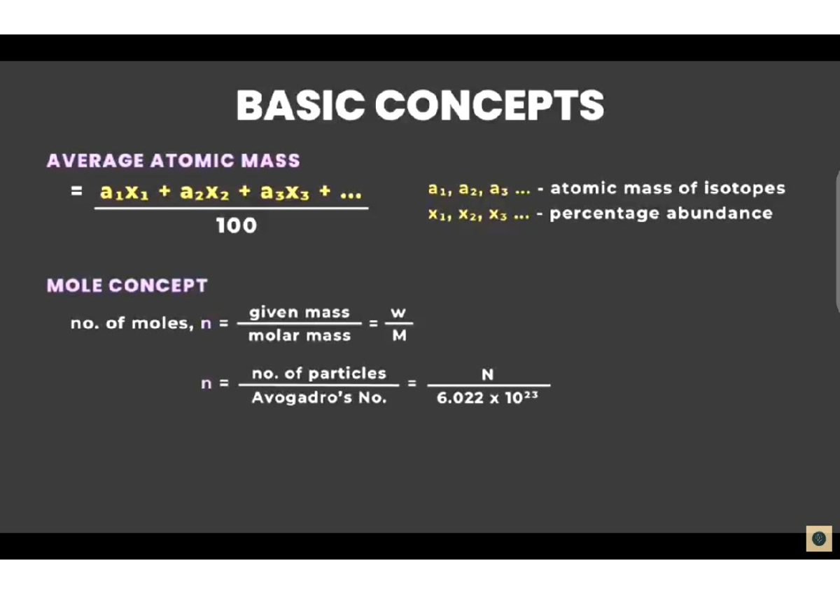 Physical chemistry formulas - BASIC CONCEPTS AVERAGE ATOMIC MASS a1X1 ...