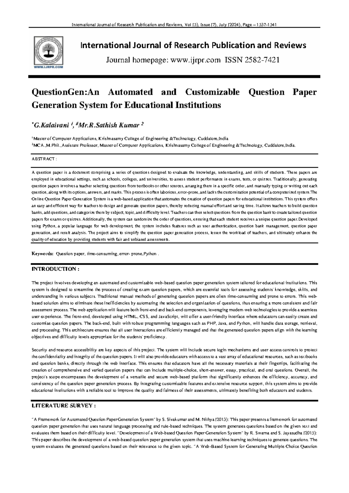 Automated Question Paper Generation System for Educational Institutions ...