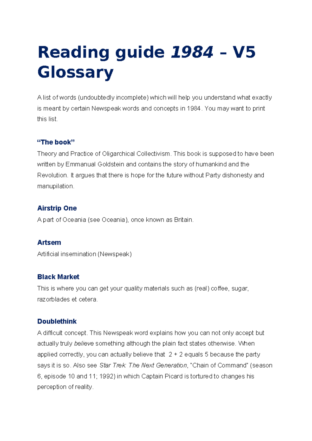 1984 - Reading Guide - Newspeak Glossary & Concepts - Studeersnel