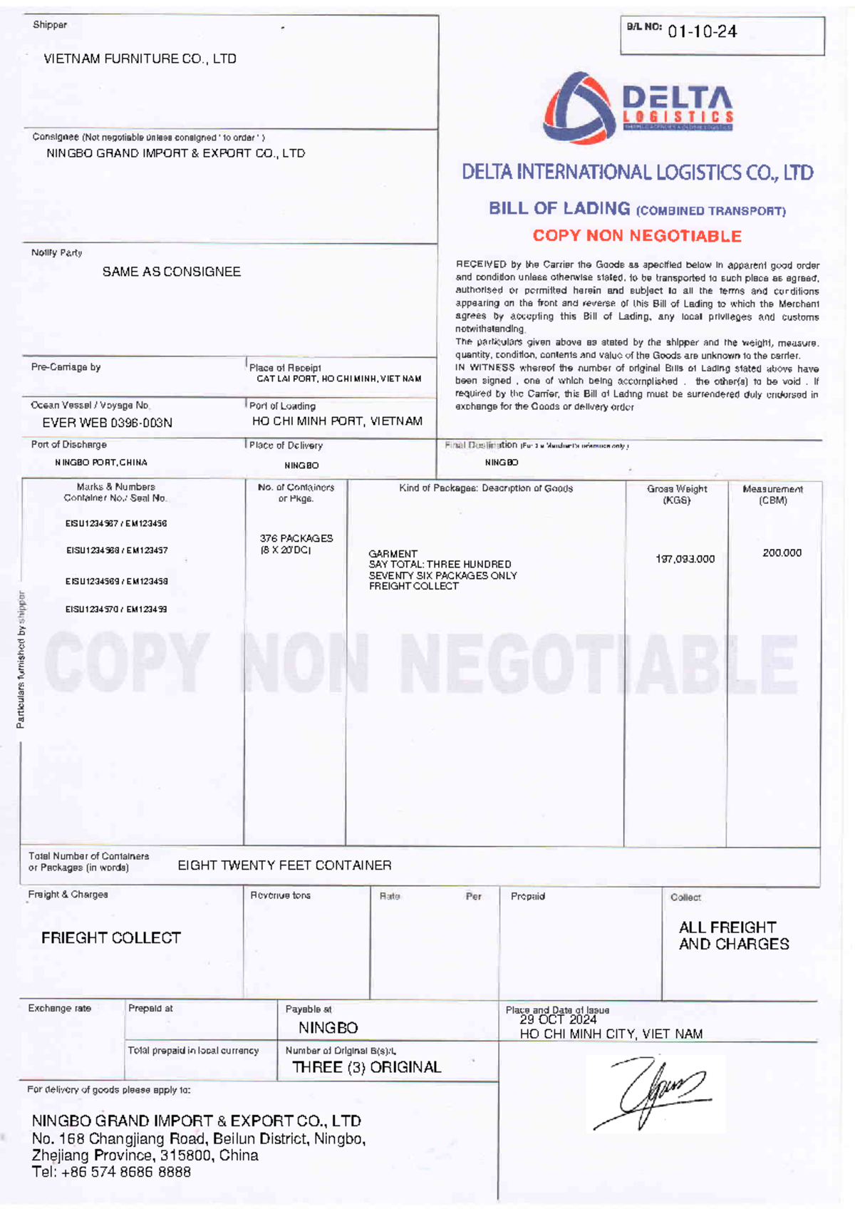 HBL Form 3 Copy - aehswh - Shipper Consignee (Not negotiable Unless ...