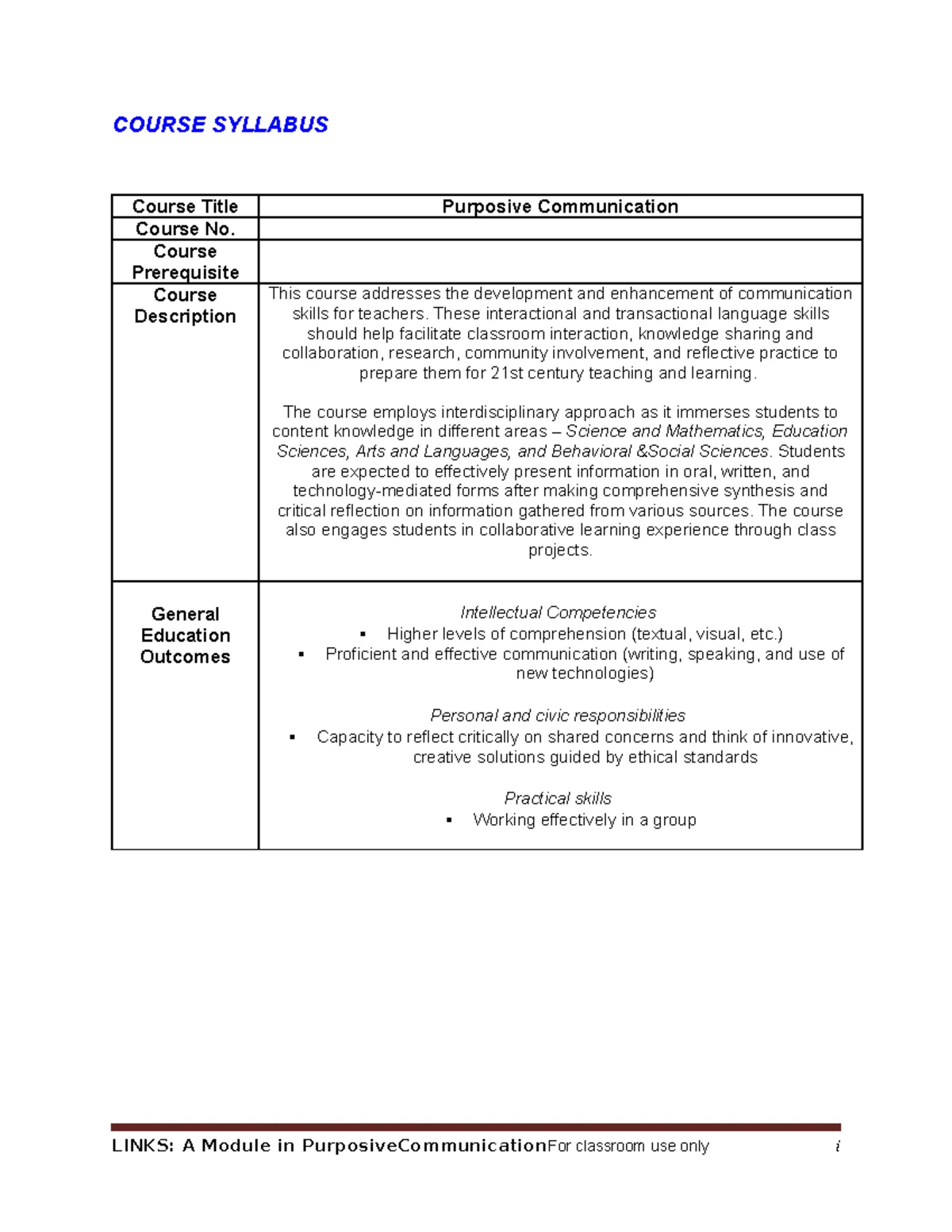 Syllabus Purposive Communication Course Syllabus Course Title