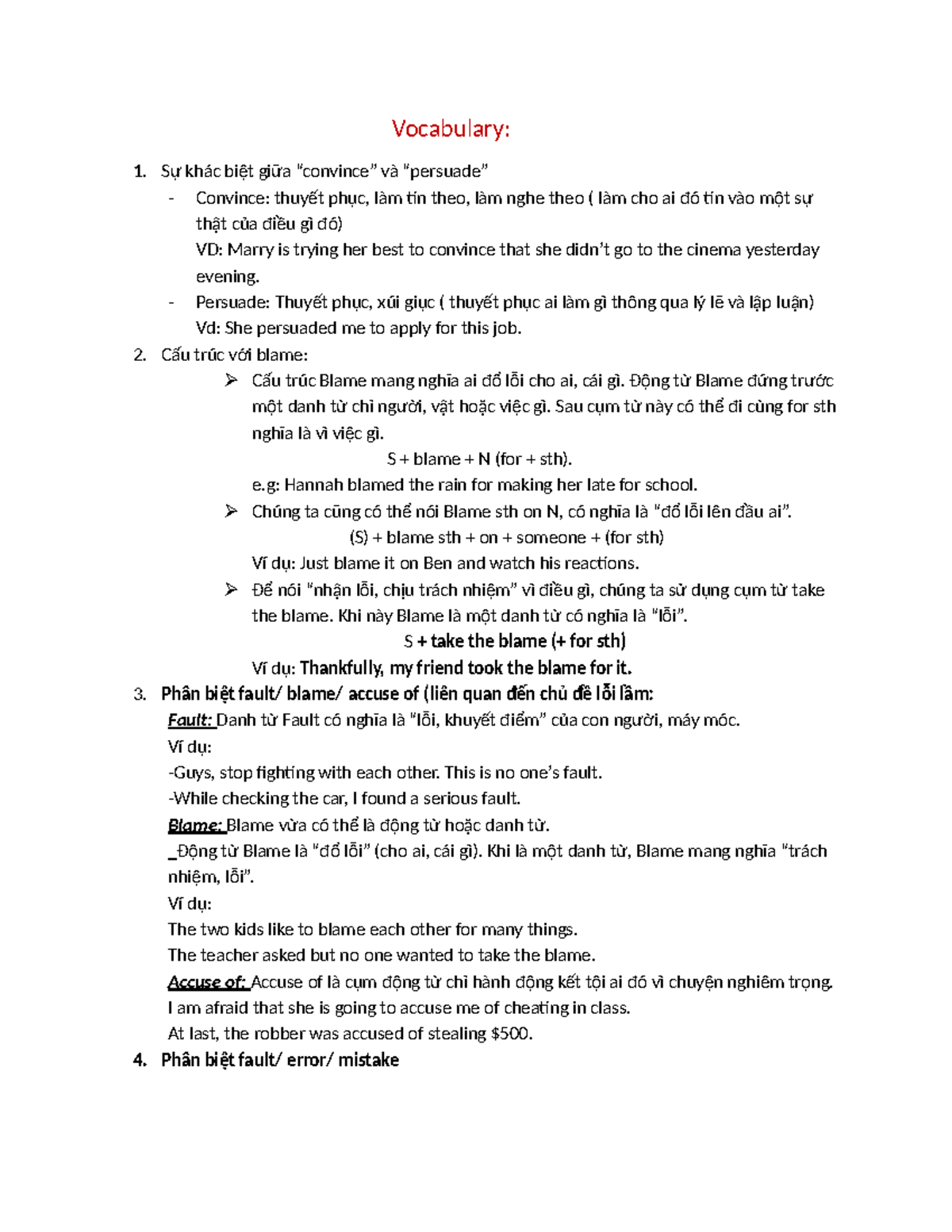 Vocabulary Day 9: Distinctions in Convince, Blame, and Accuse - Studocu