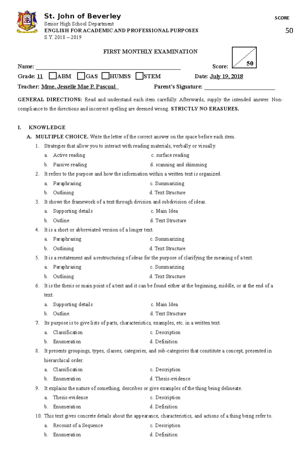 Monthly EXAM Grade 11 - Exam - 50 St. John of Beverley Senior High ...