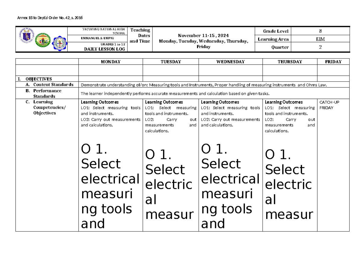Measuring Tools AND Calculation - Annex 1B to DepEd Order No. 42, s ...