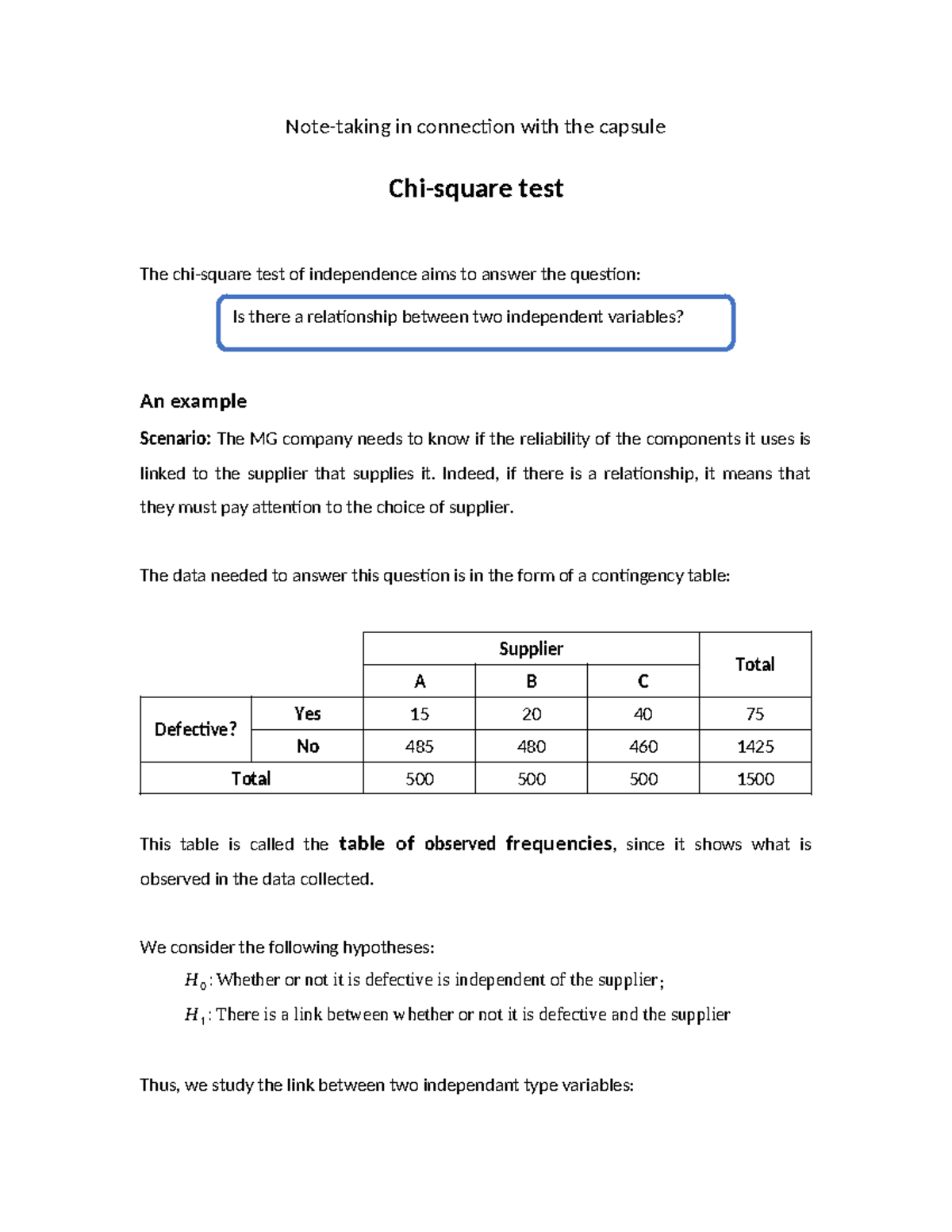Chi-test notes - Note-taking in connection with the capsule Chi-square ...