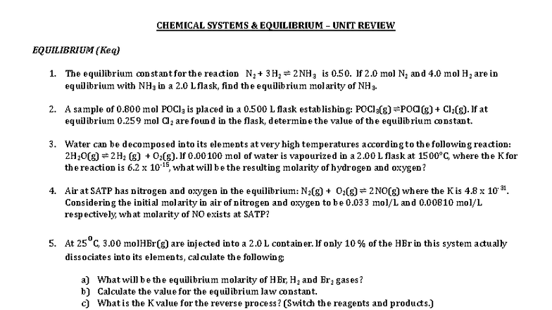 F24 Equilibrium - Unit Review (Keq, Ksp & Le Chatelier) - Studocu