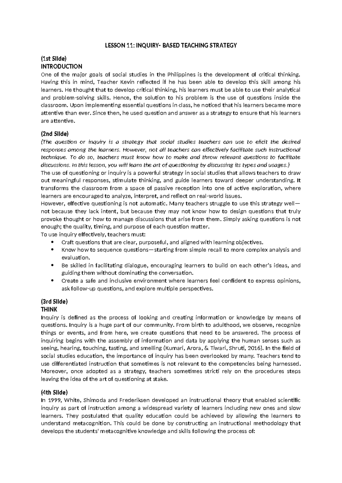 LESSON 11: Inquiry-Based Teaching Strategies in Social Studies - Studocu