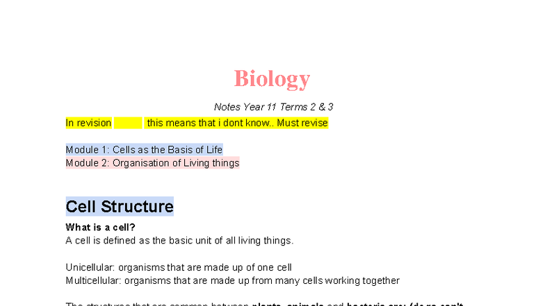 Biology Notes Year 11: Revision for Terms 2 & 3 - Studocu