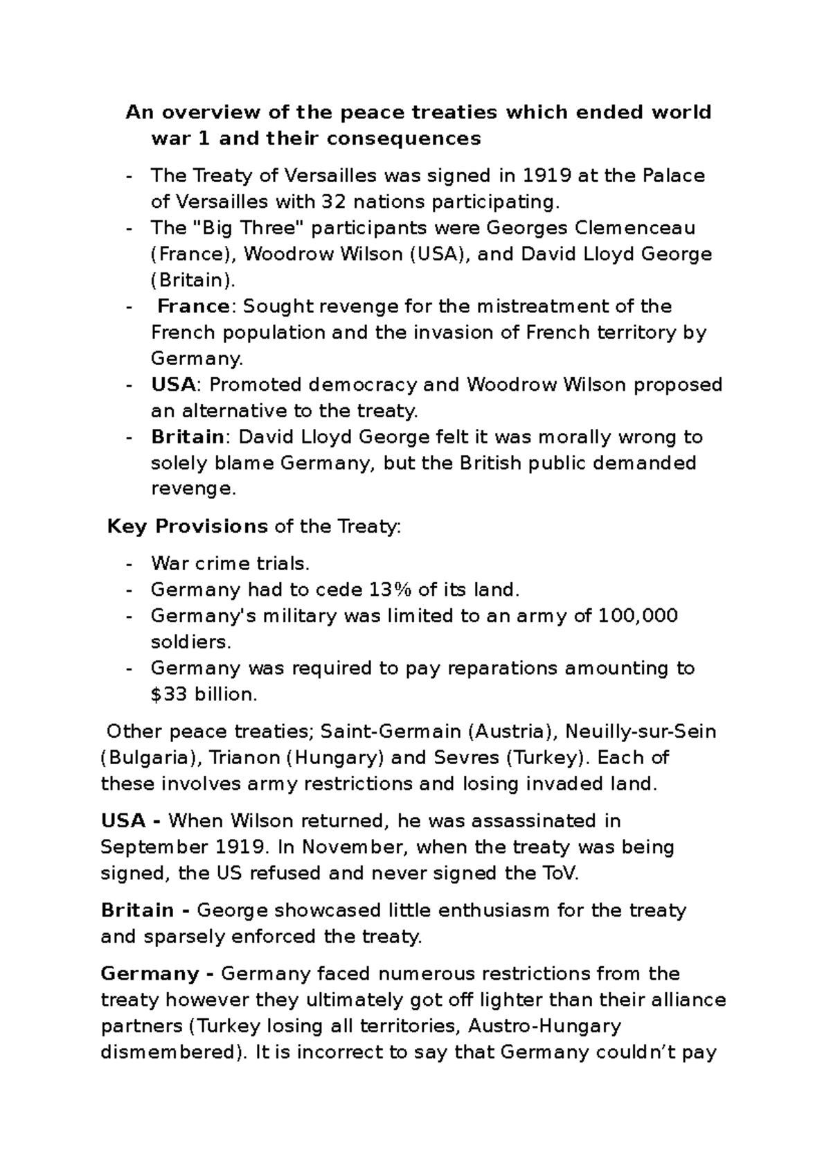 Modern notes - An overview of the peace treaties which ended world war ...