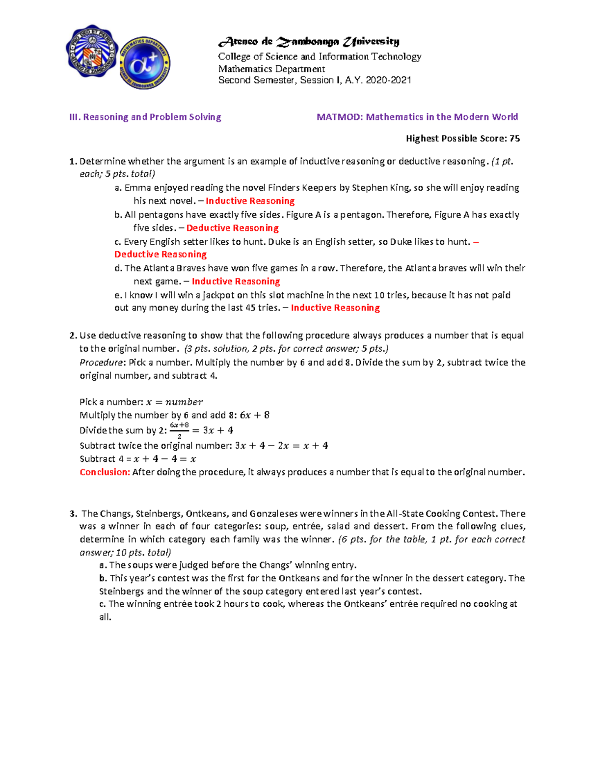 Reasoning and Problem Solving Worksheet Answer Key - Ateneo de ...