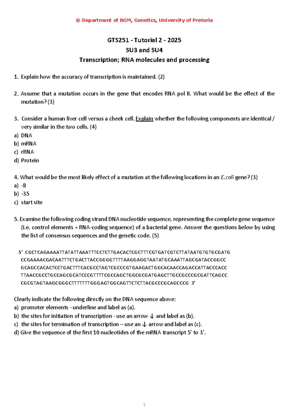 GTS251 - Tutorial 2 Assignment for SU 3 & 4 - RNA Transcription 2025 ...